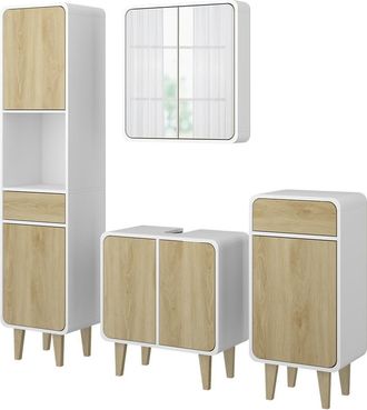 Vicco Badm&ouml;bel-Set Wei&szlig;/Eiche Arla, bestehend aus Waschbeckenunterschrank, Waschbecken, H&auml;ngeschrank, Hochschrank, Midischrank - Trendige Farbvarianten f&uuml;r 