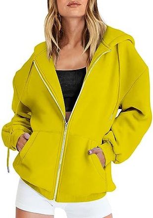 Generic Sweat &agrave; capuche uni zipp&eacute; &agrave; manches longues pour femme - Pull surdimensionn&eacute; fin et l&eacute;ger - Sweat &agrave; capuche d&eacute;contract&eacute; avec poches - Cordon de serrag