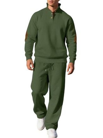 Generic Sweatshirt de sport d&eacute;contract&eacute; 2 pi&egrave;ces pour homme - T-shirt &agrave; col montant - Polo dautomne - Haut ample et large - Pantalon de jogging, Vert, XXL