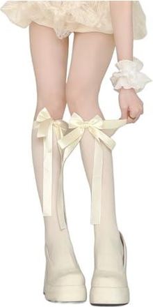Generico Chaussettes hautes au genou avec noeud doux style Harajuku pour femme, Milky White, Taille Unique