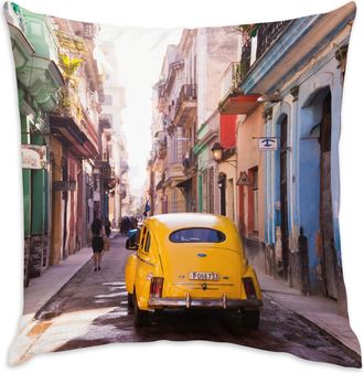 Fabulous Kissenhülle, Velours, weiß, Motiv: gelbes Auto in den Straßen von Kuba, Kollektion Südamerika, 40 x 40 cm, samtartige Haptik