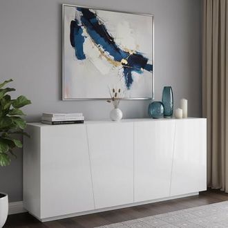 Dmora Kommode Oscar, 4-t&uuml;riges K&uuml;chen-Sideboard, Wohnzimmer-Buffet, 100 % Made in Italy, 200 x 43 x 86 cm, gl&auml;nzendes Wei&szlig;