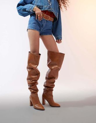 Asos Premium - Kiki - Cuissardes à talon en cuir - Fauve-Marron