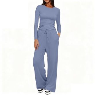 Generic Ensemble dint&eacute;rieur 2 pi&egrave;ces pour femme - Ensemble de d&eacute;tente avec cordon de serrage - Manches longues - Pantalon large avec poches - En coton doux - 