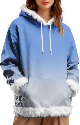 Generic Sweat à capuche dhiver pelucheux pour femme - Imprimé dégradé - Pull de Noël décontracté surdimensionné avec poches et poignets en peluche, Sweatshirt