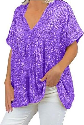 Generic Haut &agrave; Paillettes pour Femmes Manches Courtes- Top Sexy Col en V-Haut Grande Taille Chic Et Elegant L&acirc;che D&eacute;contract&eacute; Tunique Classique Tenue des Ann&eacute;