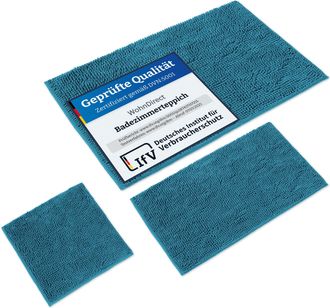 WohnDirect Badematten Set 3 teilig Petrol - WC Vorleger (45x45cm), Badematte (50x80cm,70x120cm) - rutschfest waschbar Badezimmerteppich OHNE WC-Ausschnitt
