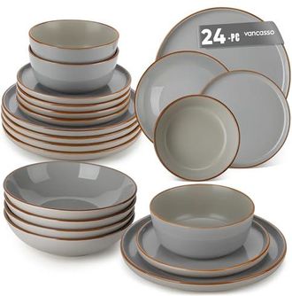 VANCASSO RENO Assiettes service de table 6 Personnes, Service Vaisselle 24 Pi&egrave;ces en Gr&egrave;s - Assiettes Plates, bol et assiettes-Adapt&eacute; au Micro-Ondes - &Eacute;mail gr