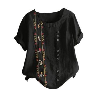 Generic T-shirt noir simple T-shirt r&eacute;tro en lin pour femme avec broderie florale T-shirt d&eacute;contract&eacute; &agrave; manches courtes pour les loisirs bureau T-shirts dr&ocirc;le