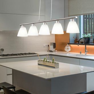 Globo Lighting Lampe de table &agrave; manger lampe suspendue table &agrave; manger suspension argent r&eacute;glable en hauteur, 5 flammes, m&eacute;tal nickel verre blanc 5x douilles E14