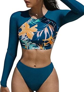 Generic Maillot De Bain Gainant Ventre Plat- Ensemble Bikini 2 Pi&egrave;Ces Haut Court &agrave; Manches Longues Imprim&eacute; Floral Et Culotte De Plage Sexy pour Bikini Fendu S