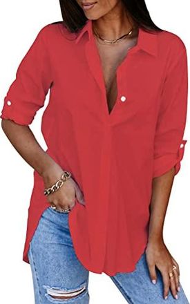 Minetom Chemisier Femme Manches Longues Col en V Bouton Shirt Chemise Blouse Lâche Top Fluide Tunique Hauts A Rouge XXL