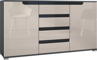 Vladon Sideboard Sylt V1, Kommode mit 2 Türen und 4 Schubladen, Korpus - Anthrazit matt/Front - Sandgrau Hochglanz/Absetzung - Schwarz Hochglanz (138,5 x 75,