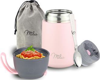 Milu Thermobehälter für Essen 650ml, Edelstahl Warmhaltebehälter mit Löffel, Thermobecher Essen, Thermo Lunchbox für Kinder, Erwachsene, Thermobox Suppen, 