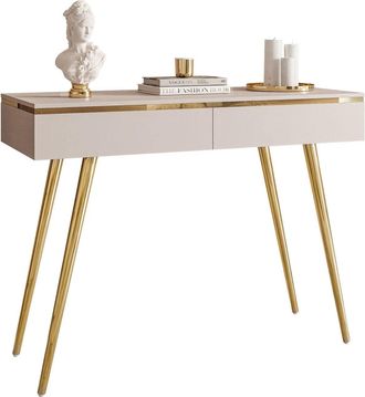 Lukmebel Schminktisch mit Schubladen - Konsolentisch Schmal mit Beinen in Gold - Make Up Tisch Frisiertisch Kosmetiktisch Konsole Matt Kaschmir Gold - Aurora-S