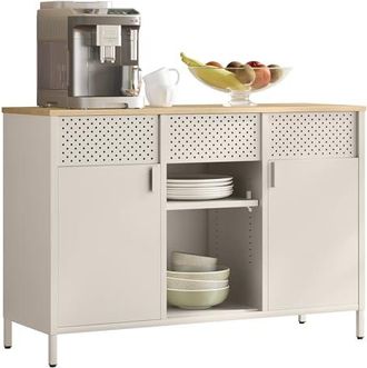 Songmics Meuble de Rangement, Buffet, Meuble en Métal, Placard à Double Portes, Fermeture Magnétique, Étagères Réglables, Cadre en Acier, Beige Sable et Couleu