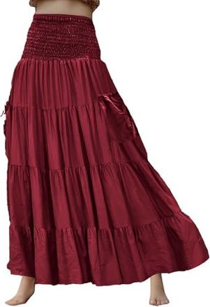 Generic Jupe longue d&eacute;contract&eacute;e boh&egrave;me taille haute pour femme - Jupe longue tendance &agrave; motif floral mignon avec poches - Robe d&eacute;t&eacute; boh&egrave;me pour vacances &agrave; la