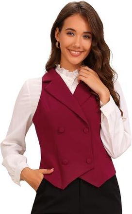Allegra K Gilet à Revers Cranté Femmes Double Boutonnage Col en V Vêtements de Travail Gilet de Costume Blazer sans Manches de Business Bourgogne L