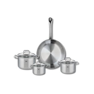 Fackelmann ELO 9696850 Batterie de cuisine 4 pièces, Ensemble de 1 Poêle de cuisson 28 cm et 3 faitouts 12, 14 et 16 cm Elo Profi Citrin, inox, induction
