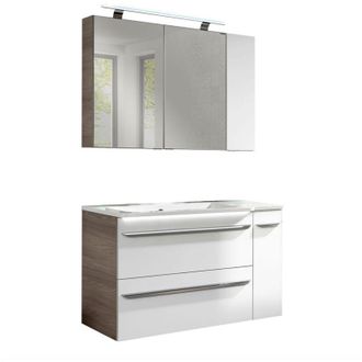 Fackelmann luxor Badm&ouml;bel Set 5-teilig 100 cm, Braun/Wei&szlig; + LED-Spiegelschrank + Badschr&auml;nke rechts-90218145