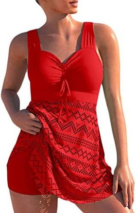 Minetom Maillot de Bain 2 Pièces Femme Tankini Ensembles Maillots Bikini Set Dentelle Plage sans Manches Haut et Short A Rouge XL