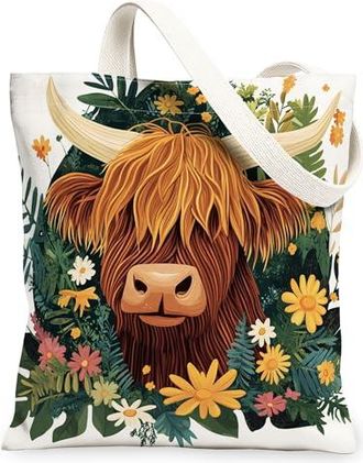 Generic Sac fourre-tout en toile de vache des Highlands printani&egrave;res pour faire du shopping, 33 x 38,1 cm, sac d&eacute;picerie r&eacute;utilisable pour femme, joli motif b