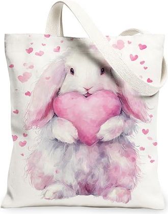 Generic Sacs fourre-tout en toile motif lapin mignon coeur sacs r&eacute;utilisables printemps artistique l&eacute;ger lavable &eacute;paule, blanc, 13x15 Inch