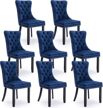 Generic Esszimmerstuhl-Set Aus Leder - Stühle Mit Hoher Rückenlehne, Knopfheftung Und Beinen Aus Massivholz(Wood-Blue,8)