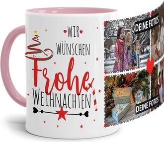 Tassendruck Weihnachts-Tasse mit Spruch zum SELBSTGESTALTEN mit Foto-Collage für 4 WUNSCHFOTOS - Persönliches Geschenk für Freunde und Familie - Innen & Henkel Ro