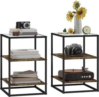 HOMCOM Tables dappoint, Lot de 2, Tables de Chevet &agrave; 3 Niveaux avec Plateau en Verre tremp&eacute;, &eacute;tag&egrave;res de Rangement, Cadre en m&eacute;tal, pour Salon Chambre, Marro