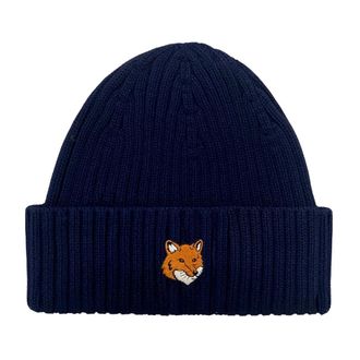 Maison Kitsun&eacute; unisex, Accessoires, Bleu, Taille: ONE Size Fox Head Beanie