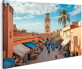 Islandburner Prime Bild auf Leinwand Lebhafter Markt und Moschee in Marrakesch Marokko Bilder Wandbilder Poster