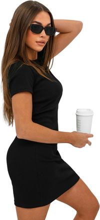 OZONEE Kleid Sommerkleid Sweatkleid Bodycon Gerippt T-Shirt Kurzarm Minikleid Freizeit BasicJS/96T677Z/3 SCHWARZ L/XL