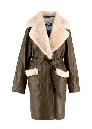 Ducie London Olive Green Leather Trench Coat with Shearling Trim Size S