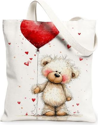 Generic Sac fourre-tout en toile motif ours mignon, adorable motif ballon en forme de coeur, sacs de courses r&eacute;utilisables, l&eacute;gers et lavables en toile avec b