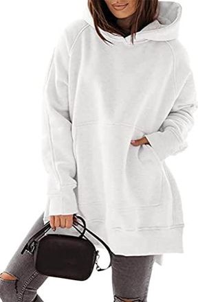 Onsoyours Sweat Robe à Capuche Femme Sweat à Capuche Long Hoodie avec Poches Sweatshirt Manches Chic Robe Pull Tunique Hoodie Ample Automne Hiver Blanc XXL