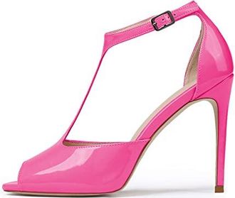 elashe Femme Bout Ouvert Rouge Escarpins, 10cm Talons Aiguille Lanière en T, Classique Bride Cheville Pompes Wedding Soirée Verni Rose rougeEU42