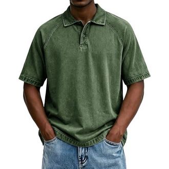 Generic Polo vieilli pour homme en coton d&eacute;lav&eacute; &agrave; manches courtes avec boutons - Pull vintage &agrave; col &agrave; revers - Confortable - Doux &agrave; porter - &Eacute;vacuation de lhu