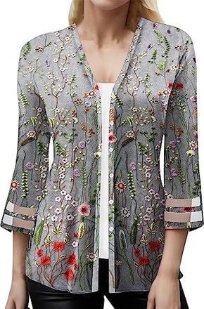 Generic Vestes pour femmes 2026 imprim&eacute;es col en V boutonn&eacute; cardigan d&eacute;contract&eacute; &agrave; manches longues pour femmes, gris, XXL