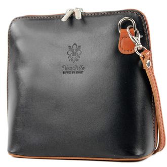 modamoda.de T94 Damen Glattleder kleine Umh&auml;ngetasche Schultertasche handmade in Italy (Schwarz/Cognac)
