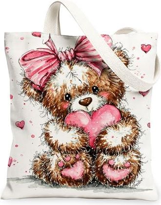 Generic Sacs fourre-tout en toile avec motif dours mignon, sacs d&eacute;picerie r&eacute;utilisables, l&eacute;gers et lavables pour la Saint-Valentin,, p&ecirc;che, 13x15 Inch