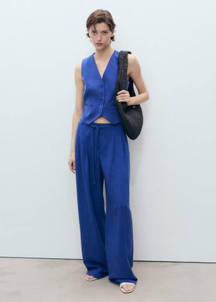 Mango Pantalon de costume en lyocell avec ceinture &agrave; naud bleu - Femme - 34 - MANGO