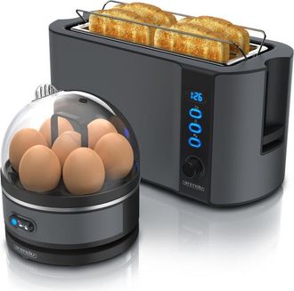 Arendo Set Toaster frukost mit Eierkocher sevencook Edelstahl Grau, Toaster 4 Scheiben, LED-Display, 6 Br&auml;unungsgrade, Br&ouml;tchenhalter - Eierkocher - Arendo