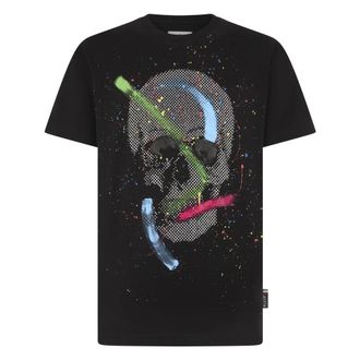 Philipp Plein Homme, Tops, Noir, Taille: 4XL Paint Splash Skull T-Shirt