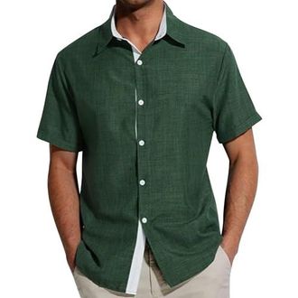 Generic Chemises en lin pour homme &agrave; manches courtes boutonn&eacute;es - Col rabattu - Tendance - Contraste - Vacances d&eacute;t&eacute; - Chemise de plage d&eacute;contract&eacute;e - Chemisi