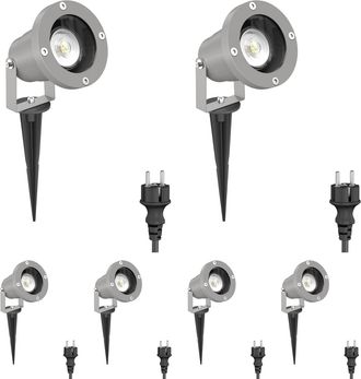 LEDs Com 6 Stück Gartenstrahler DUK mit Erdspieß für außen, IP65, Stecker, grau, inkl. GU10 LED 510lm warmweiß
