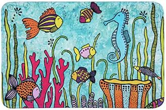 WENKO Badematte RollinArt Full Bloom, Duschvorleger f&uuml;rs Badezimmer mit Meeresleben-Motiv, samtartiger Oberfl&auml;che & rutschhemmender Unterseite, Fu&szlig;bodenheiz