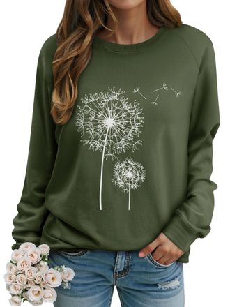 Dresswel Damen L&ouml;wenzahn Sweatshirt Langarmshirt Pusteblume Drucken Pullover Herbst Winter Bluse Tops Oberteile(Dunkelgr&uuml;n, 2XL)