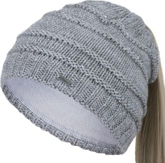 Faera Damen Winterm&uuml;tze Zopfm&uuml;tze Zopfloch Loch Zopf Beanie M&uuml;tze Strickm&uuml;tze 72, Farbe:Grau