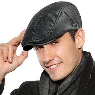 Feoya Casquette en Cuir Homme B&eacute;ret Plate Noir Chapeau Gavroche Casquette Newsboy R&eacute;glable Chapeaux Gatsby Respirant Casquettes Souples Flat Cap Bec de Cana